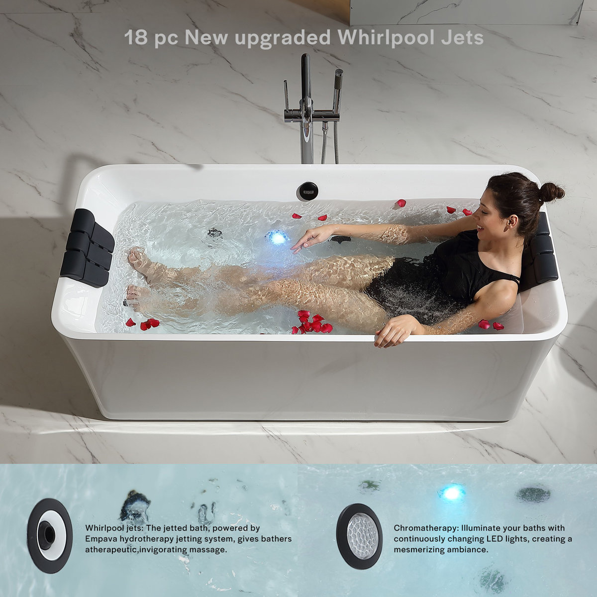 Empava 67 In. X 31.5 In. Center Drain Freestanding Whirlpool Bathtub Hydrotherapy Lighted Bath ...